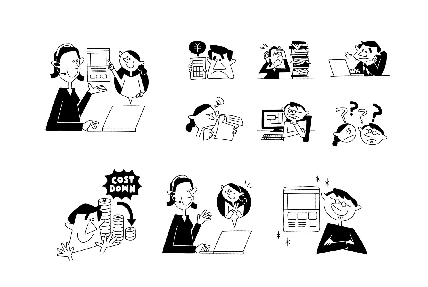 【Webサービス用モノクロイラスト】定額デザインサブスクのメインイラストやフローイラスト